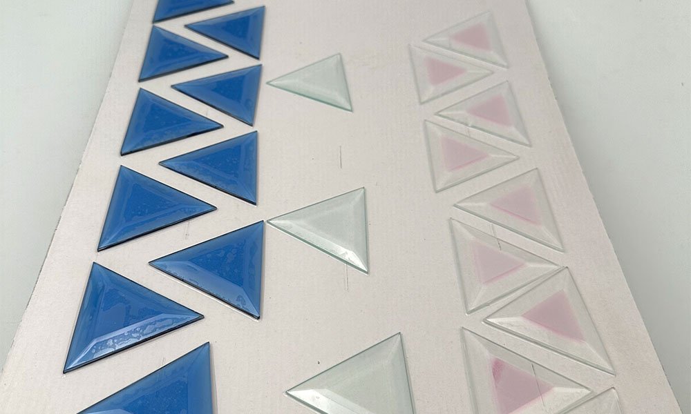 bevel cluster|Iridescent rainbow triangle bevels|Dichroic glass bevels